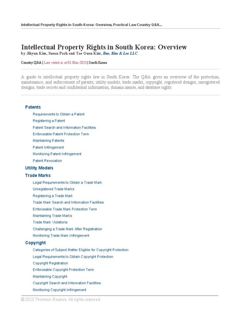 Intellectual Property Rights in South Korea Overview | PDF