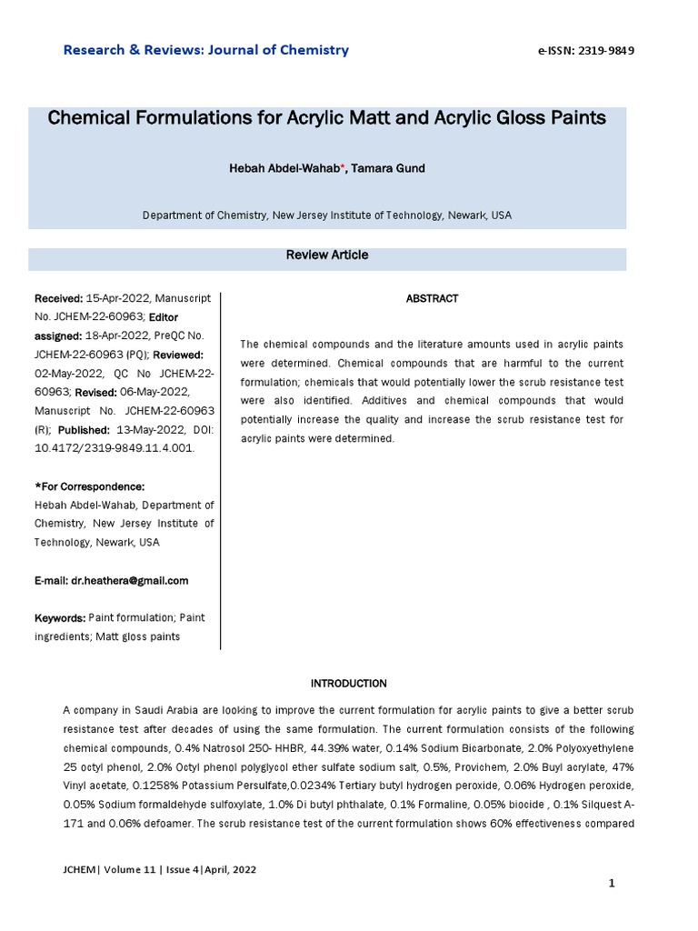 Chemical Formulations For Acrylic Matt and Acrylic Gloss Paints ...