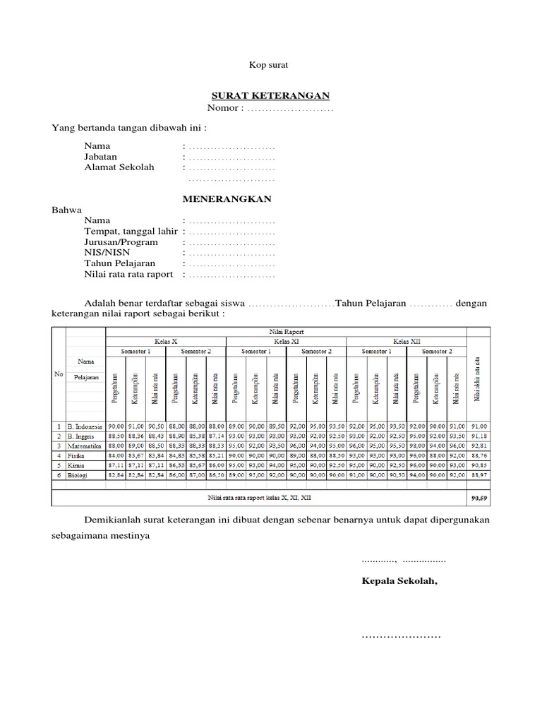 Contoh Surat Keterangan Nilai | PDF