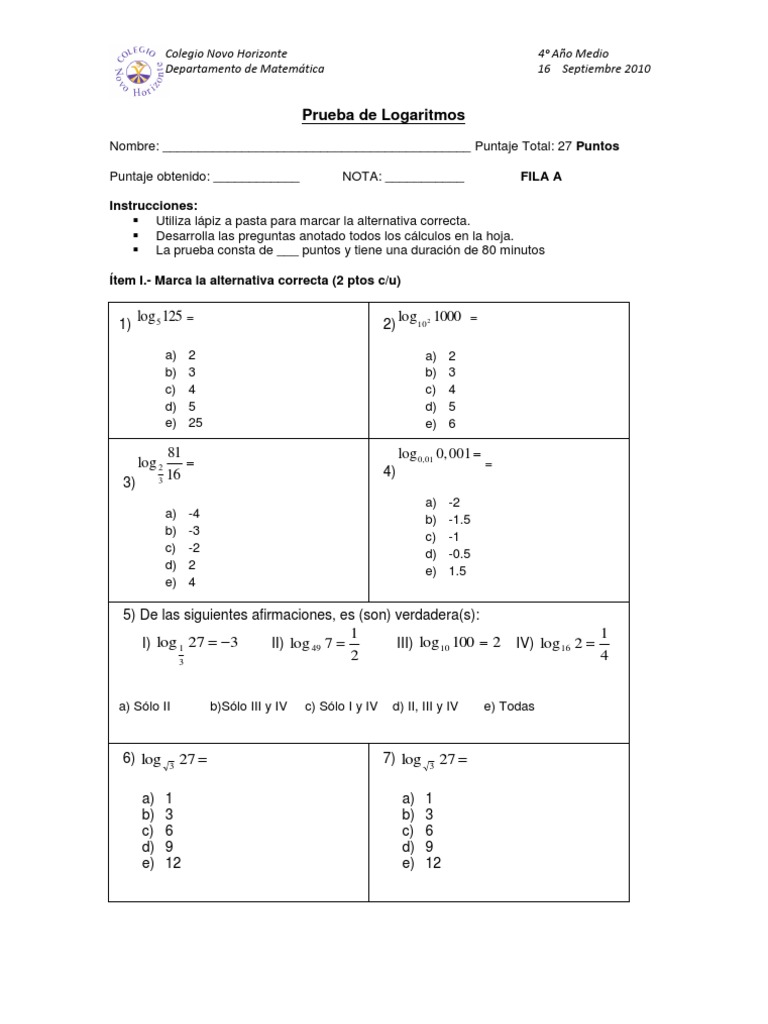 Prueba de Logaritmos