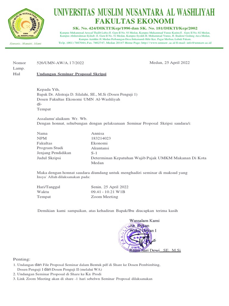 Surat Undangan Sempro Dosen Penguji 1 | PDF