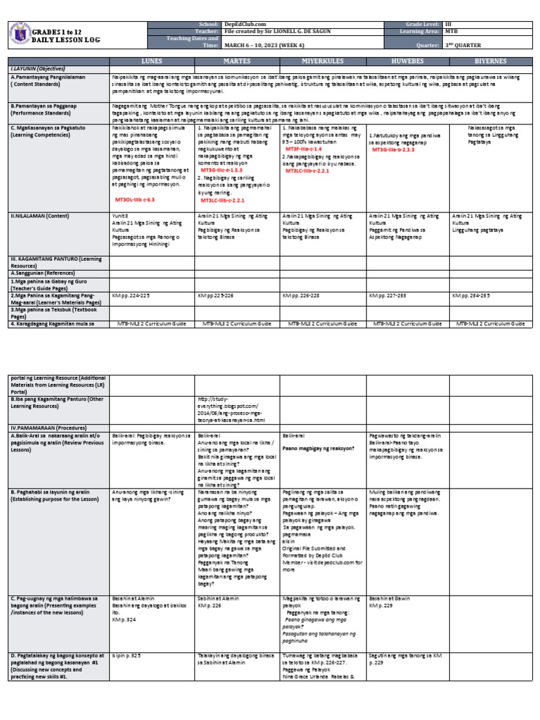 DLL - MTB 3 - Q3 - W4 | PDF