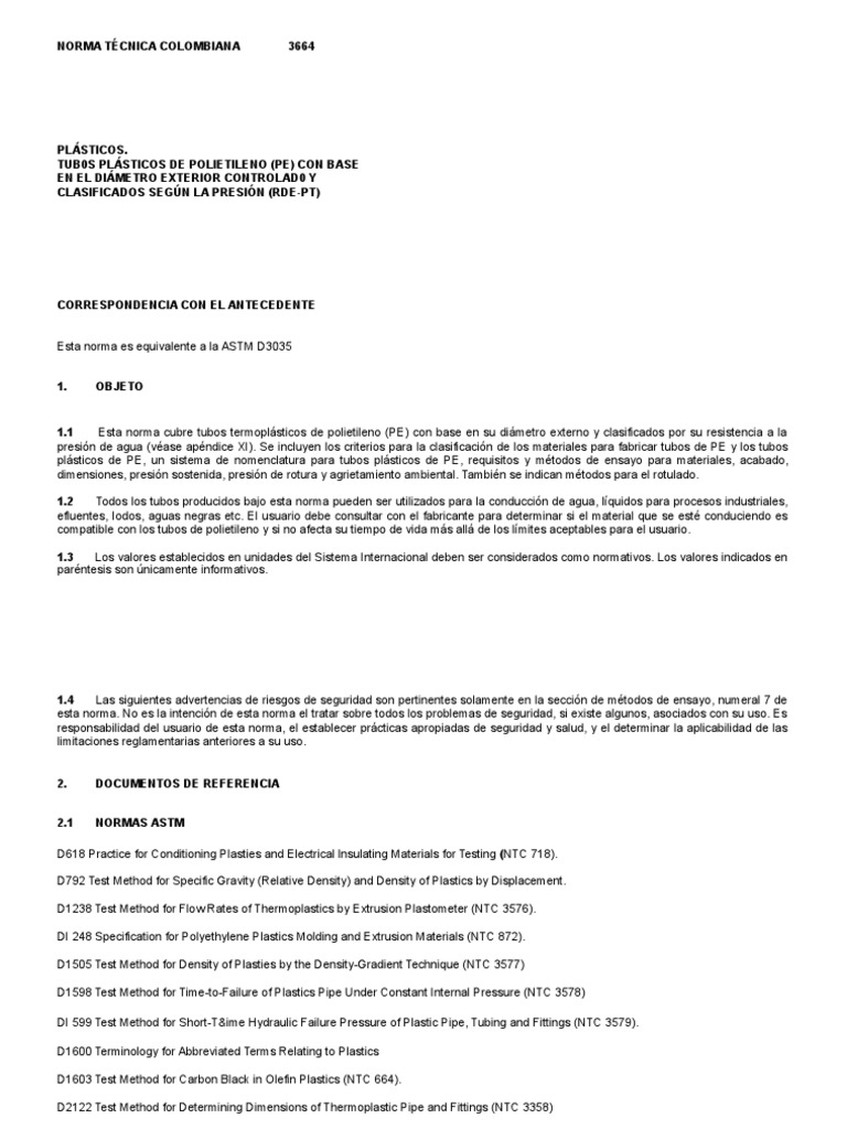 NTC 3664 Plasticos. (RDE-PT) | PDF | Presión | Agua
