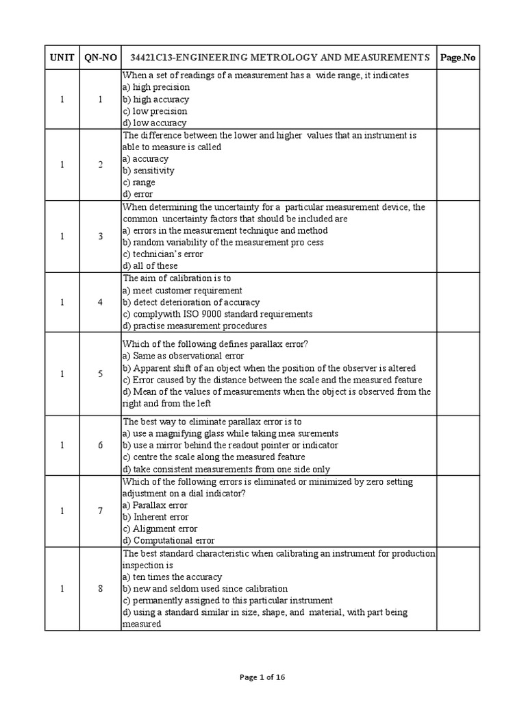Engineering Metrology Quiz Questions | PDF | Observational Error | Gear