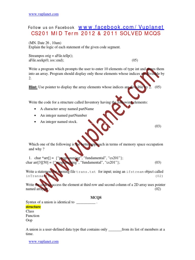cs201 MID Term 2012 Papers | PDF | Pointer (Computer Programming) | Programming