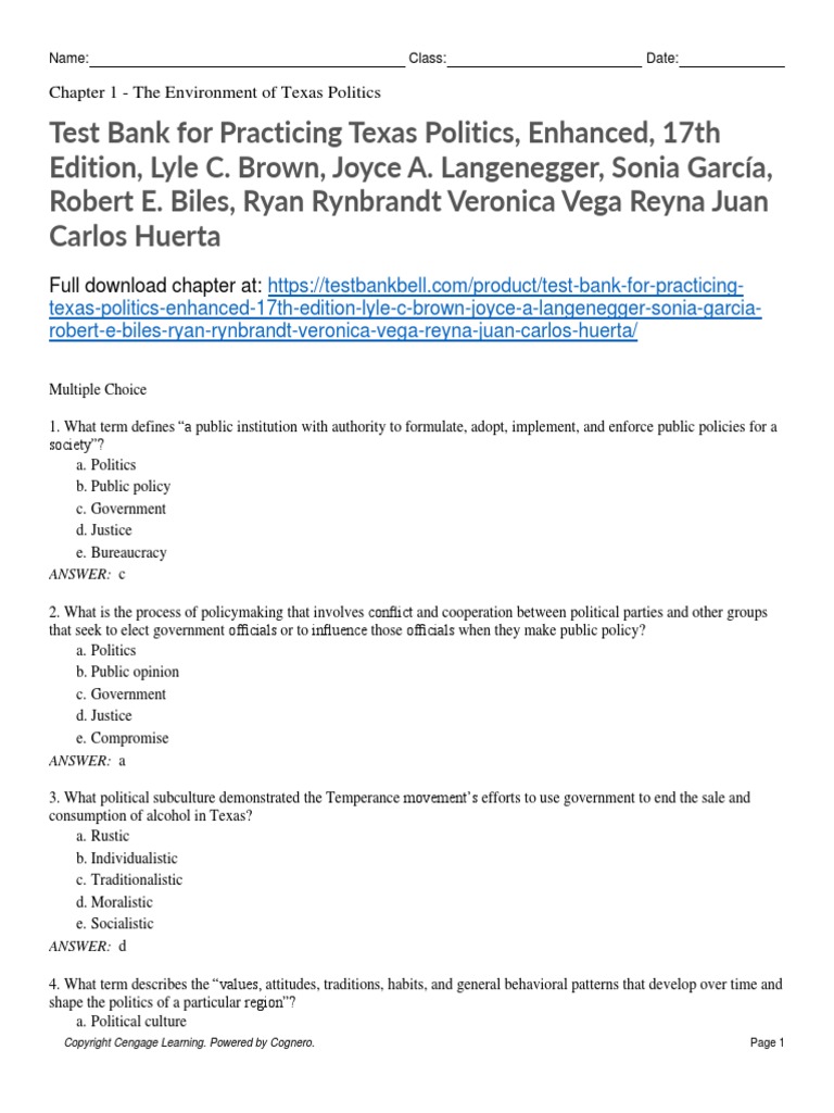 Test Bank for Practicing Texas Politics Enhanced 17th Edition Lyle c ...