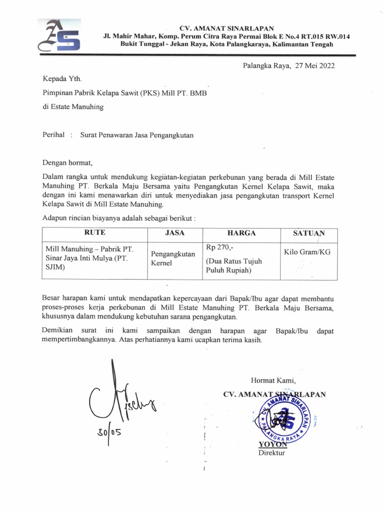 Kernel Transport Quotation - CV Amanat Sinarlapan | PDF