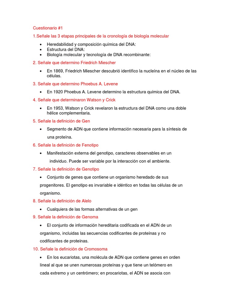 Cuestionario de Biologia 1 | PDF | Adn | Rna
