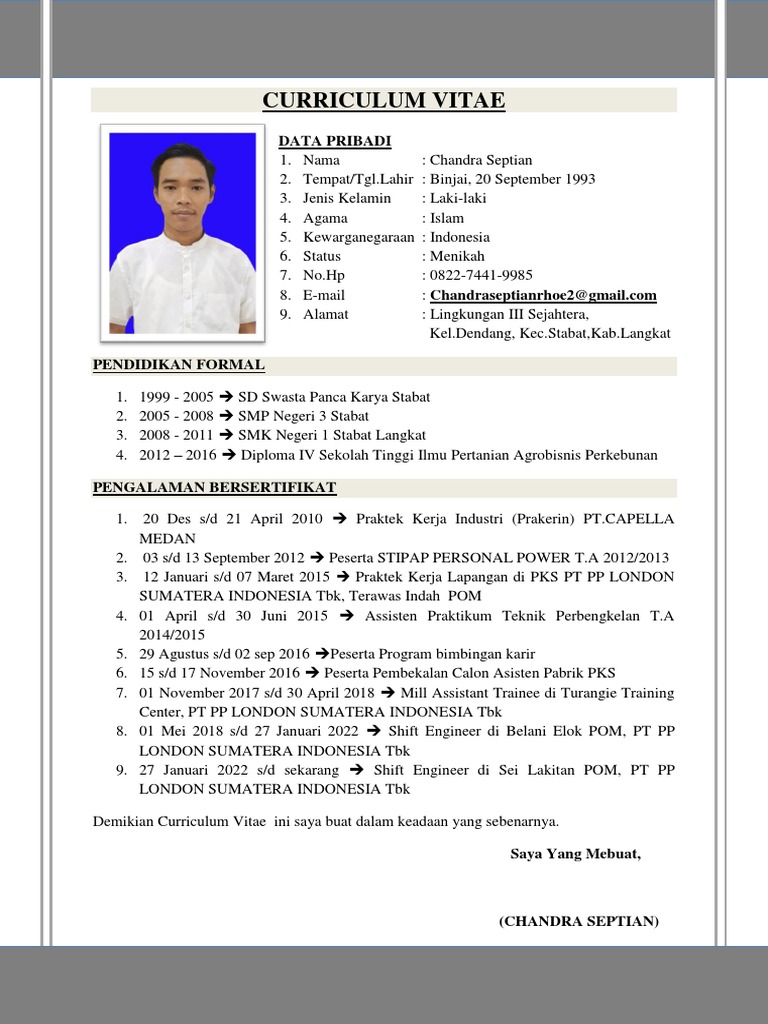 CV Chandra Septian untuk Lamaran Kerja | PDF | Karier & Perkembangan