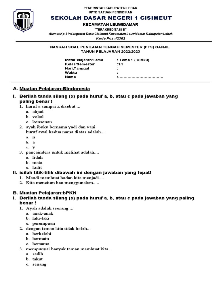 PTS Ganjil KLS 1 | PDF