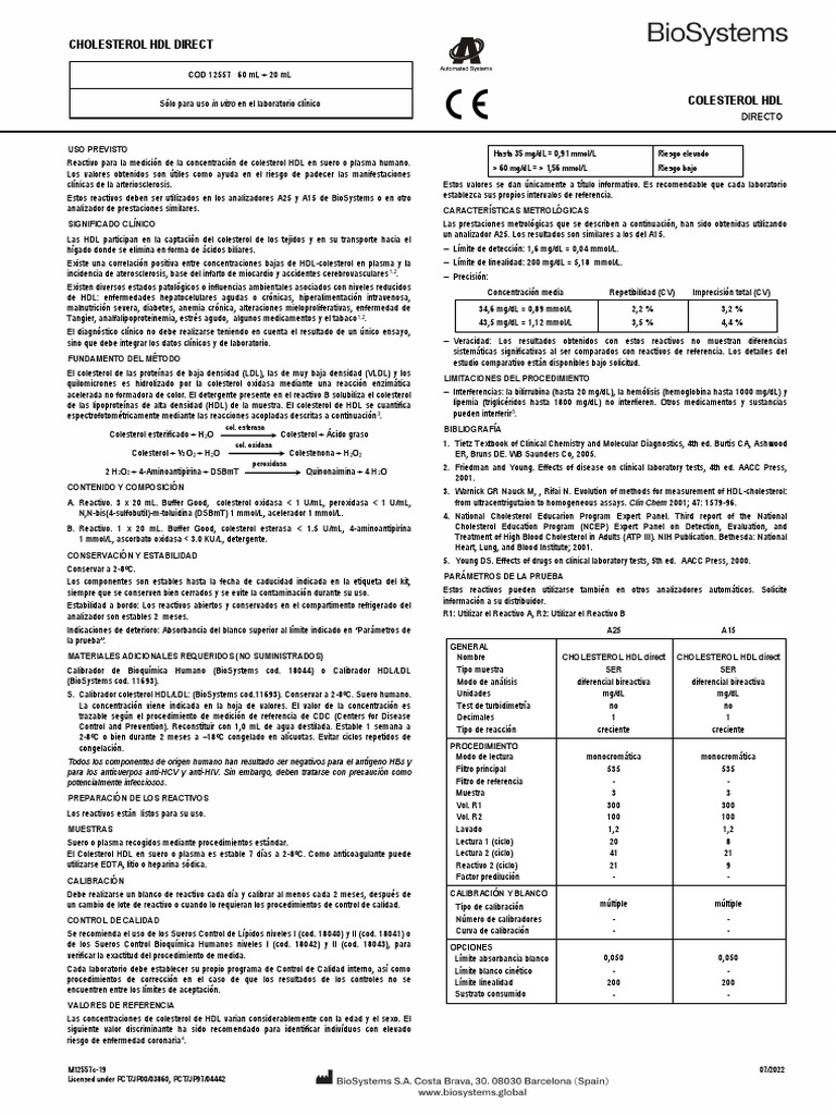 Inserto HDL Biosystems | PDF | Colesterol | Lipoproteína de alta densidad