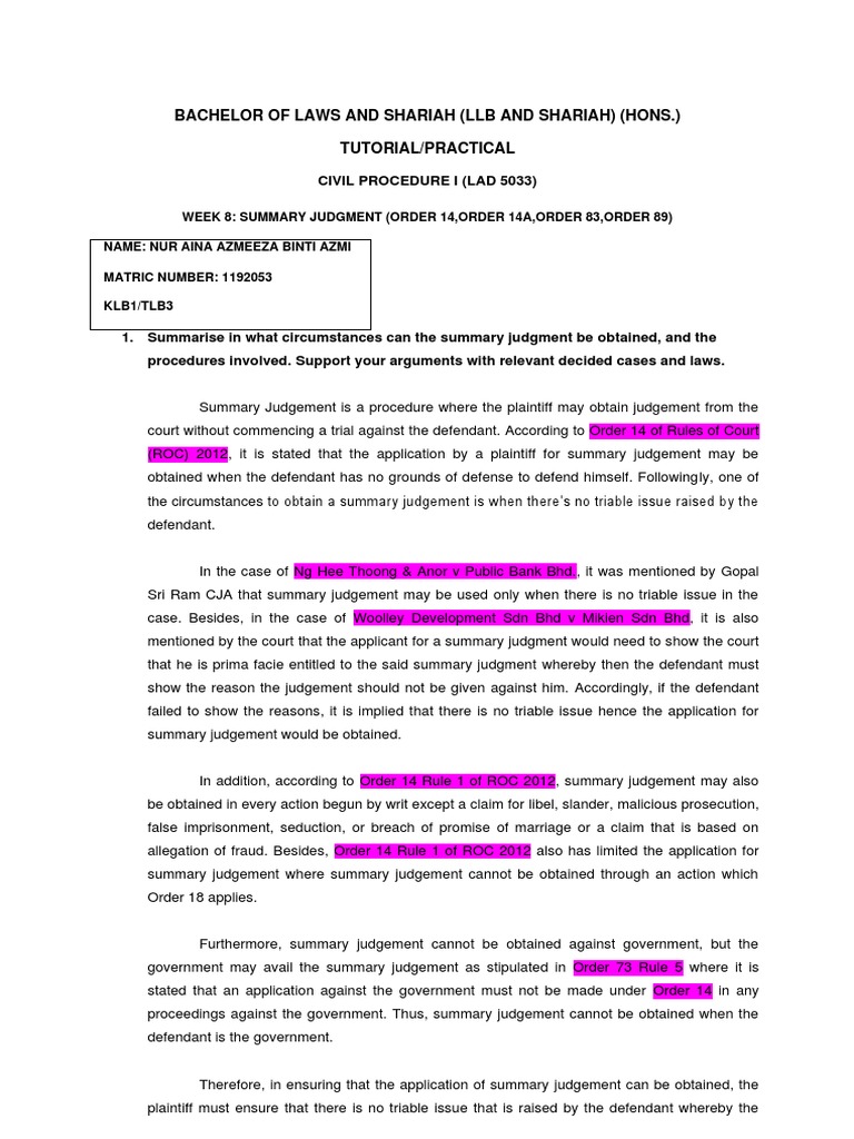 Tutorial Practical Civil Procedure I Week 8 | PDF | Summary Judgment | Judgment (Law)