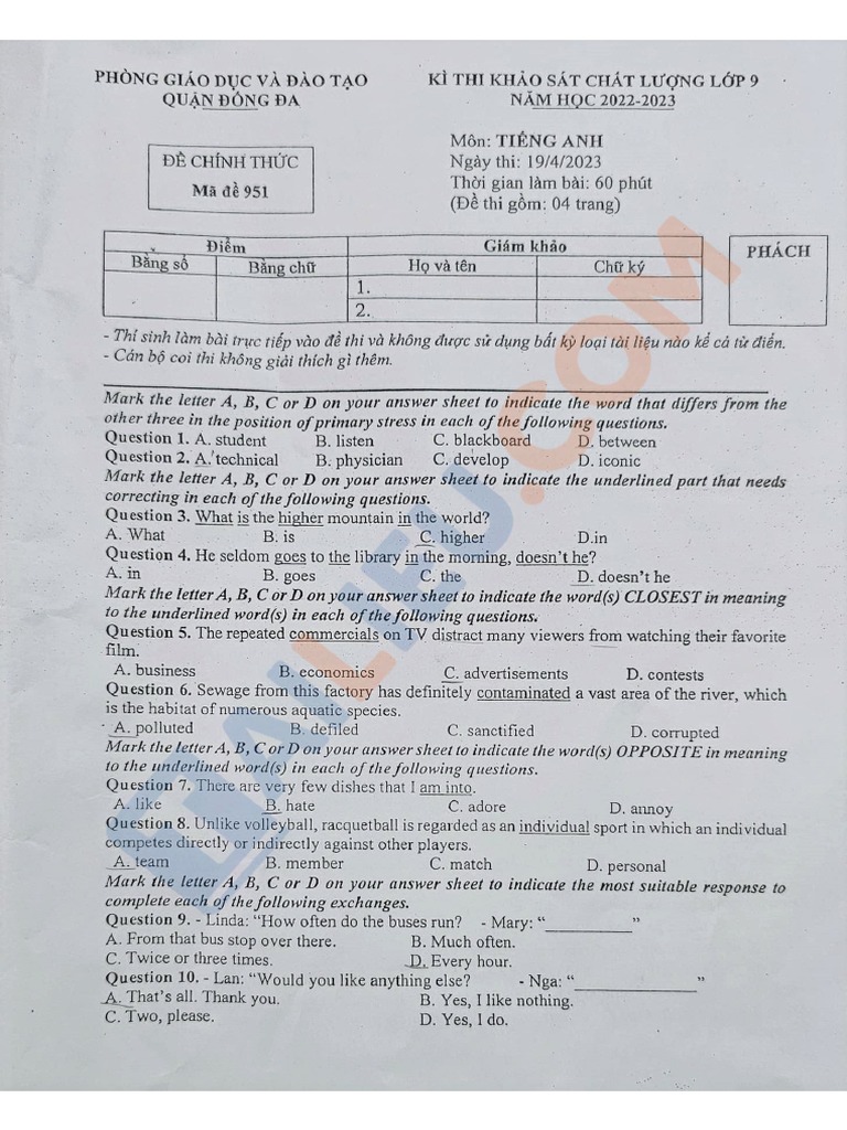 20230510104835645b1413baa92 - de Thi Thu Tieng Anh Vao 10 Nam 2023 2024 Quan Dong Da Ha Noi | PDF