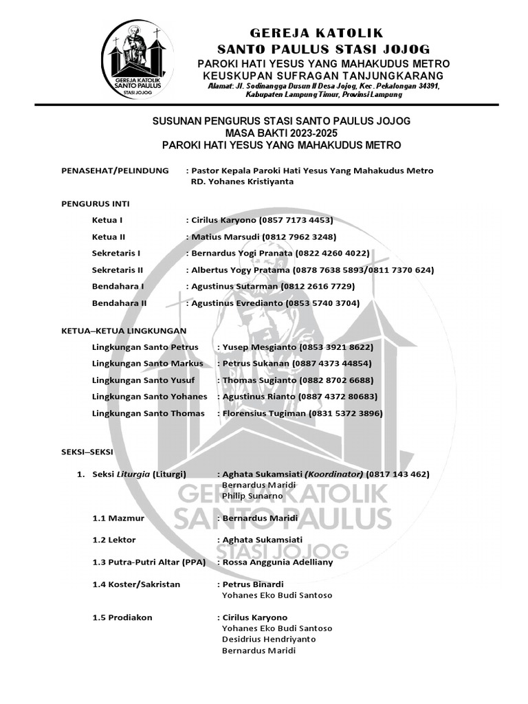 Lampiran Susunan Lengkap Pengurus Stasi St. Paulus Jojog Dan Seksi Masa Bakti 2023-2025 | PDF