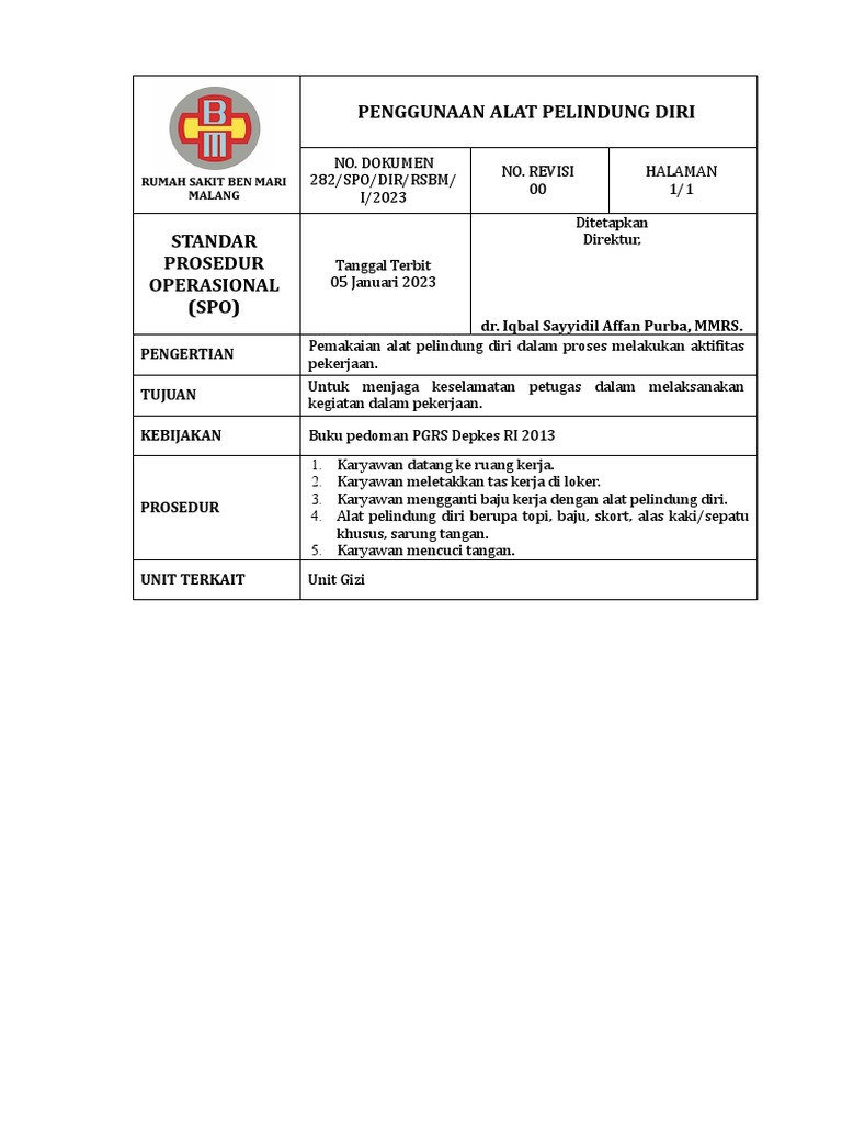 SPO Penggunaan Alat Pelindung Diri (APD) - Fix | PDF