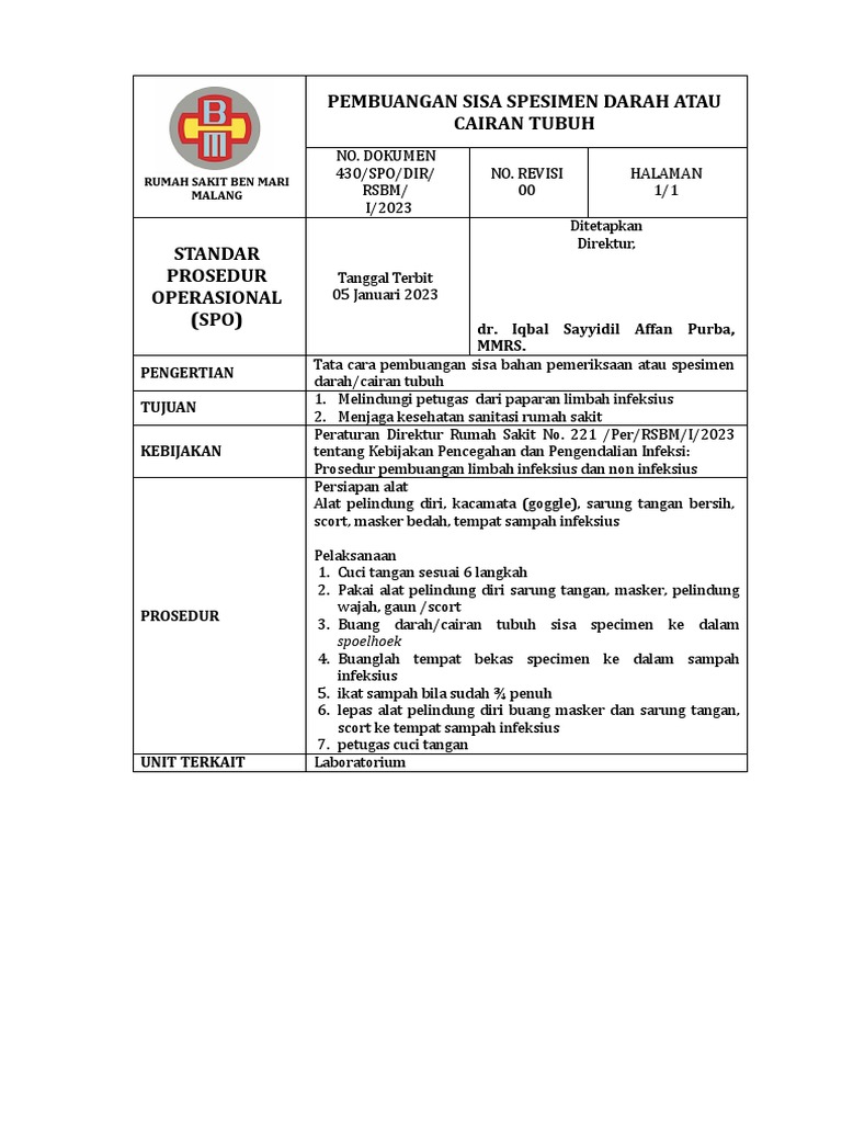 Spo Pembuangan Sisa Spesimen Darah Atau Cairan Tubuh | PDF | Sains & Matematika
