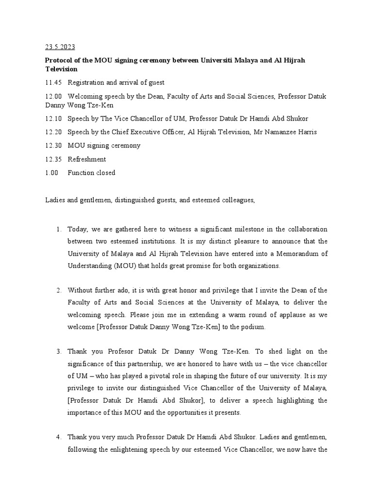 Script For Emcee MOU FASS and Al Hijrah | PDF