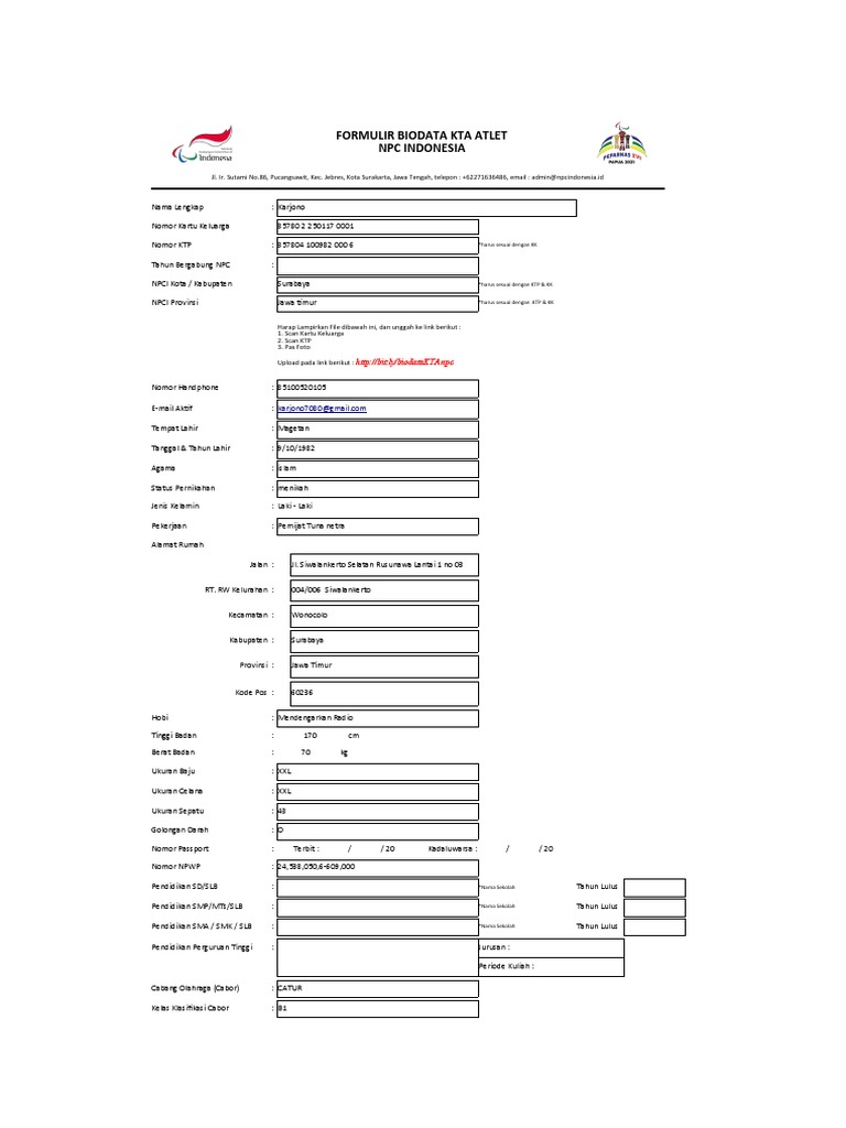 Formulir Biodata KTA Atlet Karjono | PDF