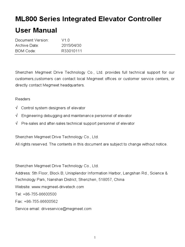 ML800 Series Integrated Elevator Controller User Manual V1.0 | PDF | Electrical Wiring | Elevator