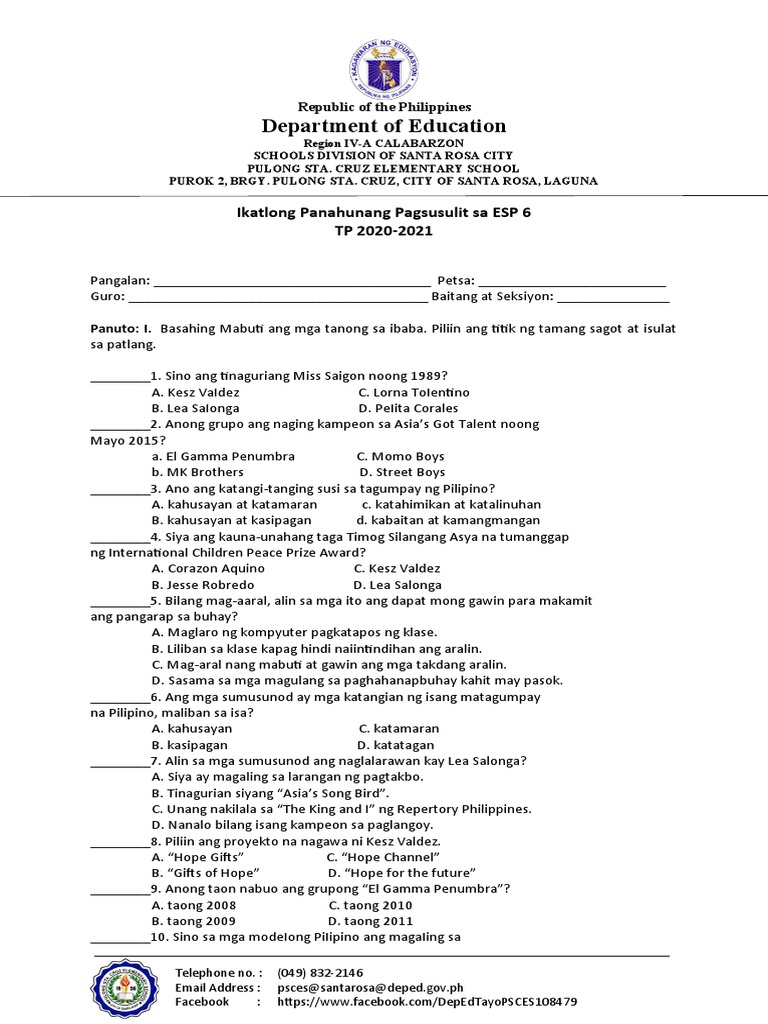 Q3 Quarterly Assessment Test in Esp 6 | PDF
