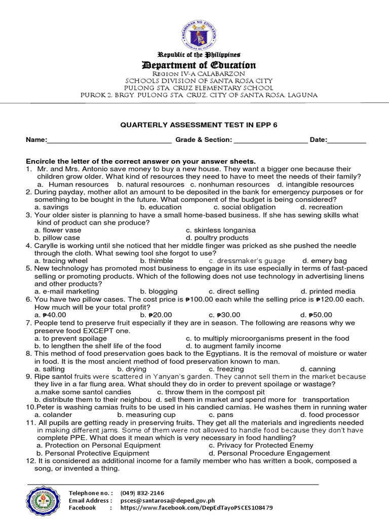 Q3 Quarterly Assessment Test in Epp 6 | PDF