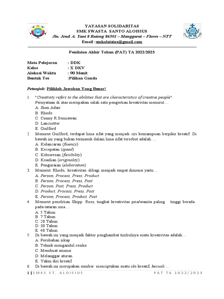 SOAL PAT DDK Kelas X Semester 22-1 | PDF | Seni