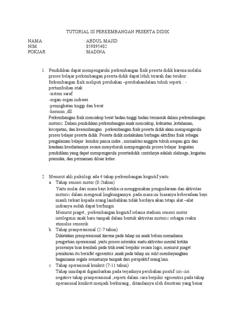 Tutorial Iii Perkembangan Peserta Didik | PDF