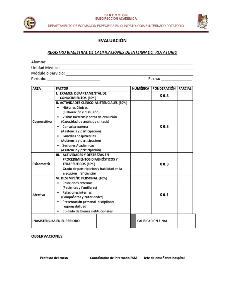 Hojas de evaluación ESM IPN Internado de Pregrado | PDF | Hospital ...