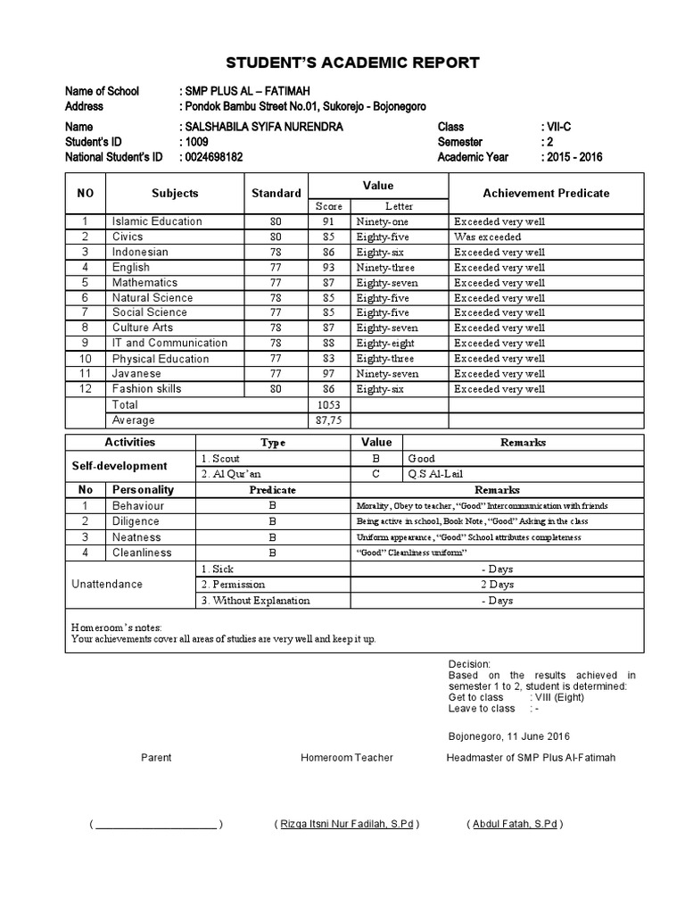 English Academic Transcripts Al-Fatimah (Kelas 7 - Semester-2 Genap) | PDF