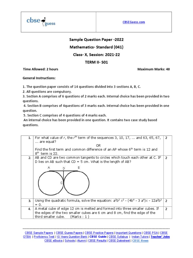 Maths Sample Paper-09 | PDF | Circle | Quadratic Equation