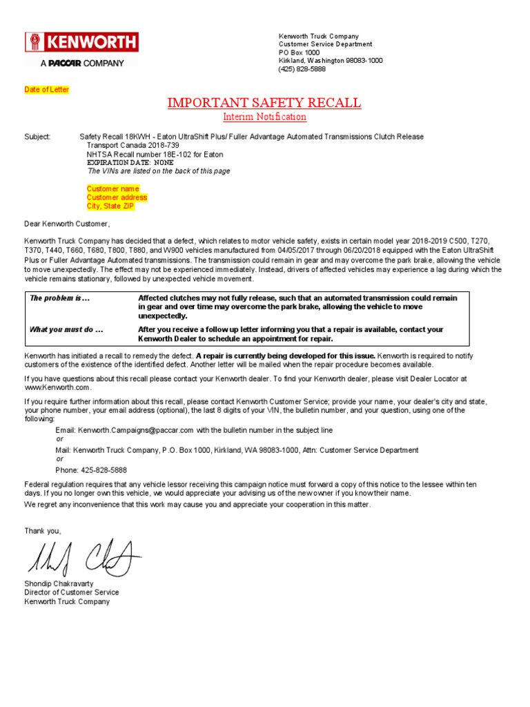 KW 18KWH Canada Interim Letters - KWUS | PDF | Truck | Vehicles