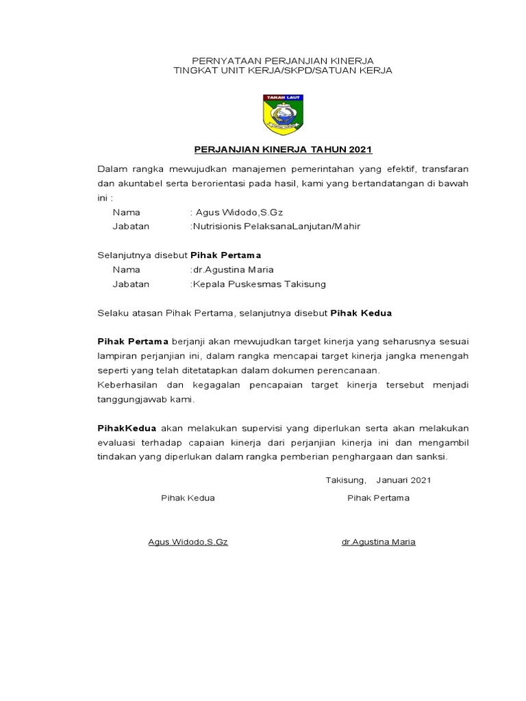 Perjanjian Kinerja ASN Agus Widodo | PDF | Pengelolaan Keuangan & Uang