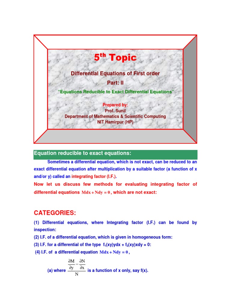 5b. Equations Reducible to Exact Differential Equations | PDF ...