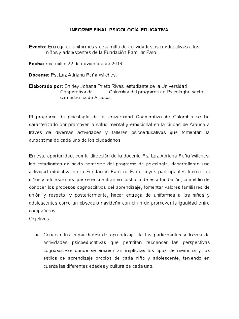 Informe Final Psicología Educativa | Descargar gratis PDF | Memoria | Memoria de trabajo
