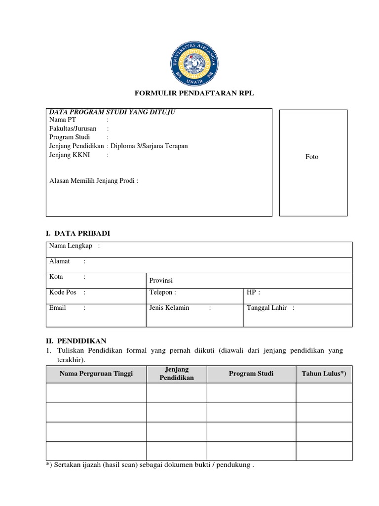 Formulir Pendaftaran Peserta Rpl Cv | PDF