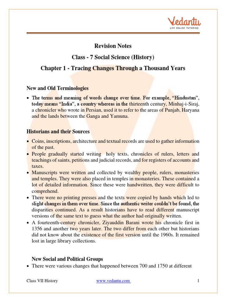 CBSE Class 7 History Chapter 1 Notes - Tracing Changes Through A ...