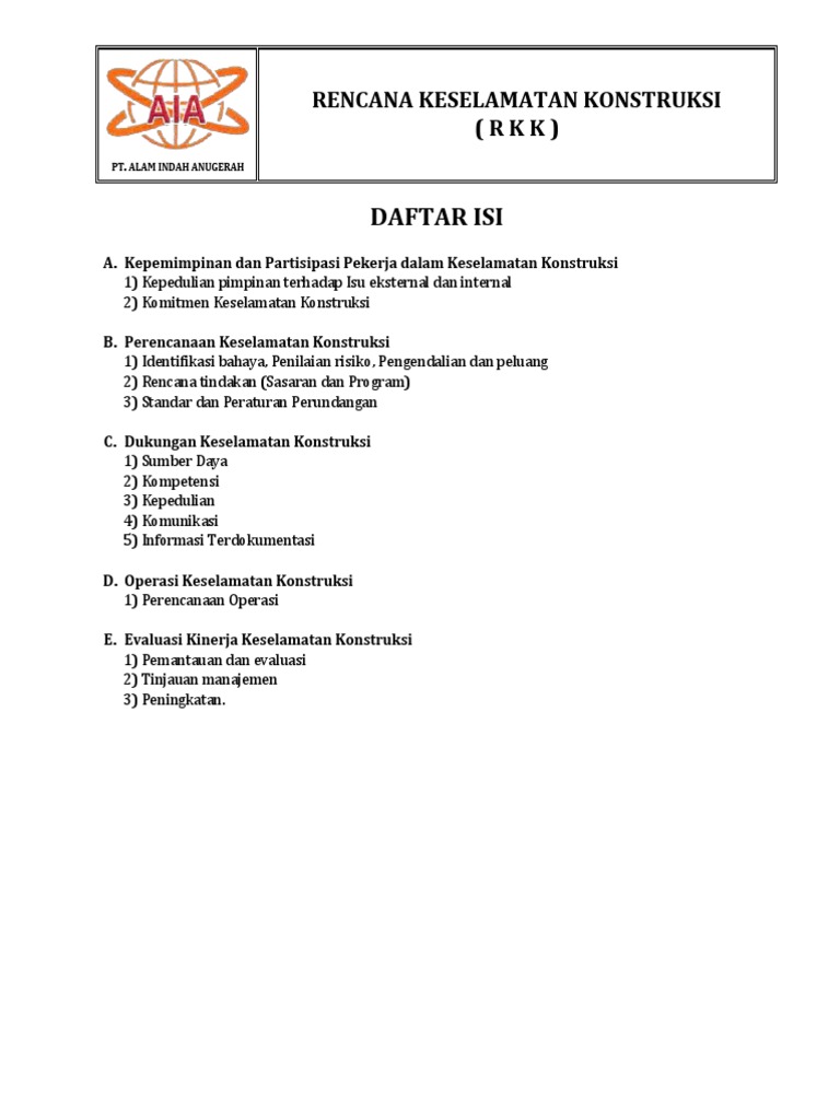 Daftar Isi: Rencana Keselamatan Konstruksi (RKK) | PDF