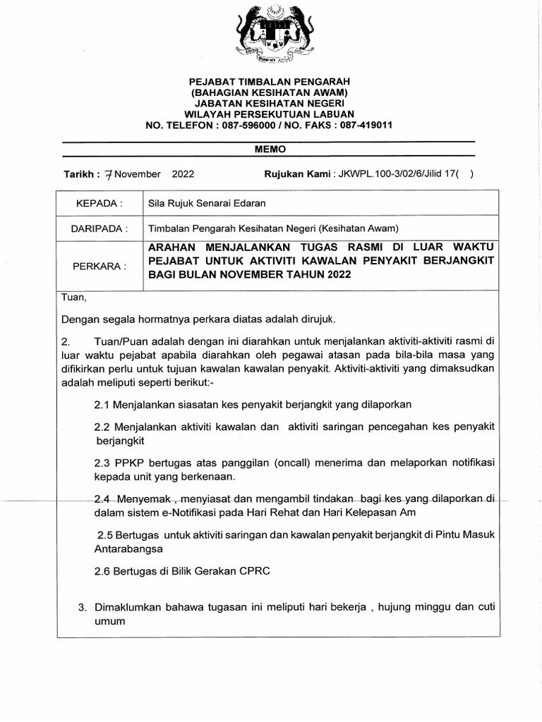 Memo Arahan Bertugas November 2022 | PDF