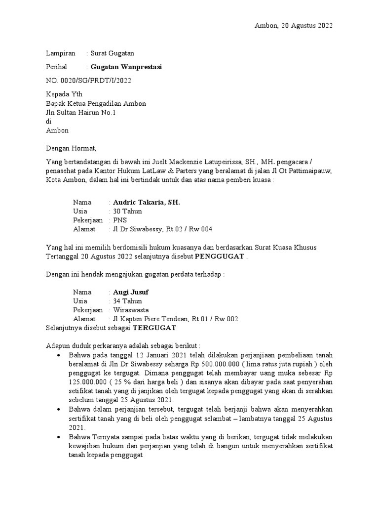 Contoh Surat Gugatan Perdata | PDF