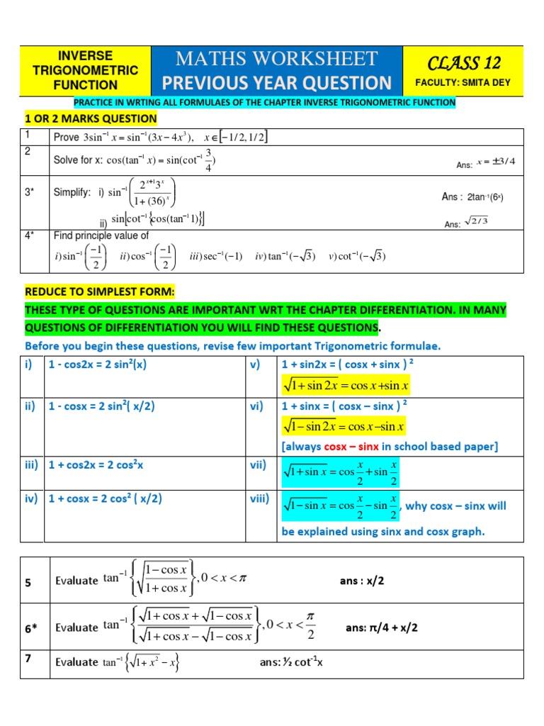 Inverse Trigo Worksheet | PDF | Teaching Methods & Materials