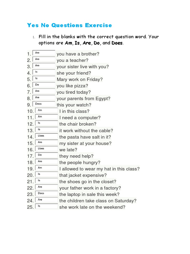 Yes No Questions Exercise. | PDF