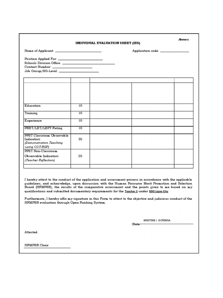 Individual Evaluation Sheet for DepEd Applicants | PDF