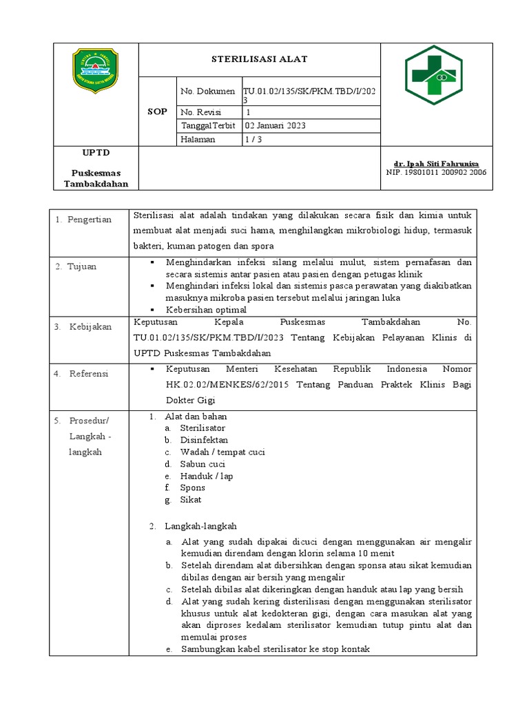 TAMBAKDAHAN SOP Pelaksanaan STERILISASI ALAT | PDF | Sains & Matematika