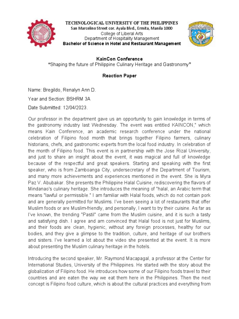 Kaincon Reflection Paper | PDF | Philippines | Foods