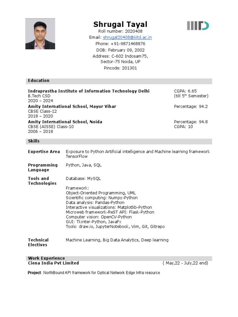 Resume - Shrugal Tayal - IIITD | PDF | Artificial Intelligence | Intelligence (AI) & Semantics