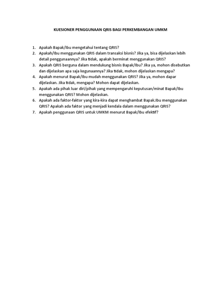 Kuesioner Penggunaan Qris Bagi Perkembangan Umkm | PDF Kuesioner Penggunaan Qris Bagi Perkembangan Umkm | PDF