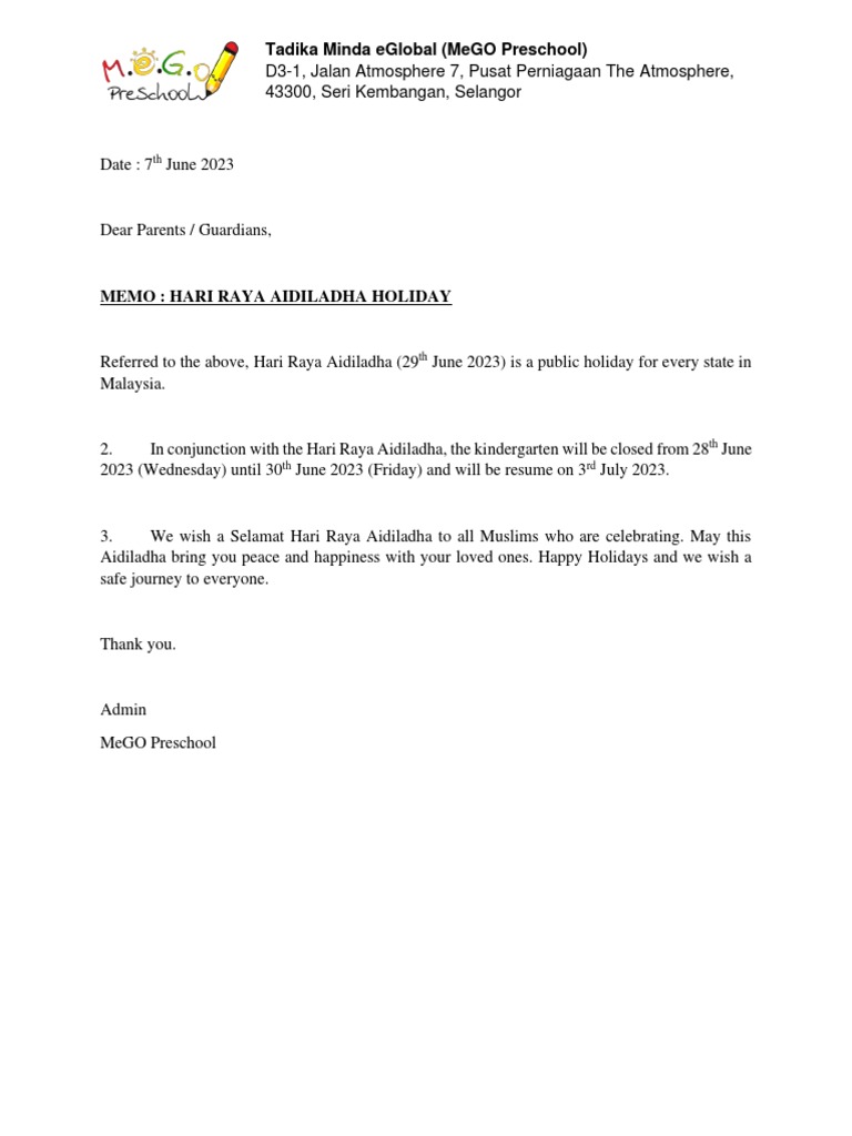 Memo Hari Raya Aidiladha-Preschool (7.6.2023) | PDF