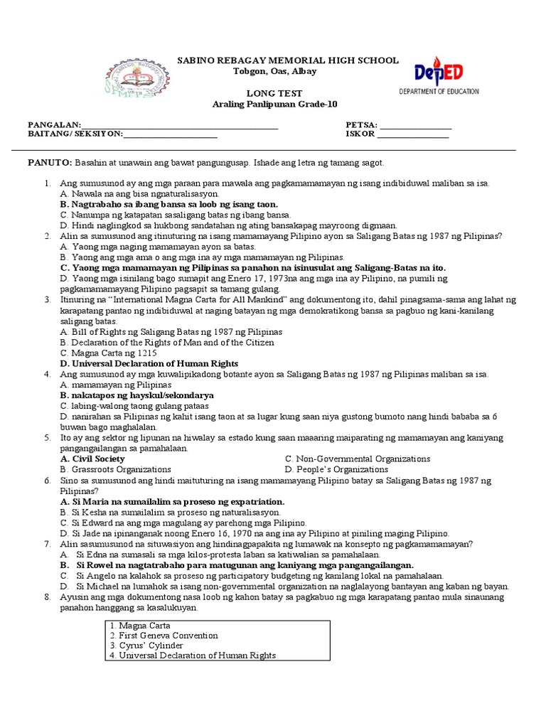 AP 10 4th Quarter Exam 2020 Autorecovered | PDF