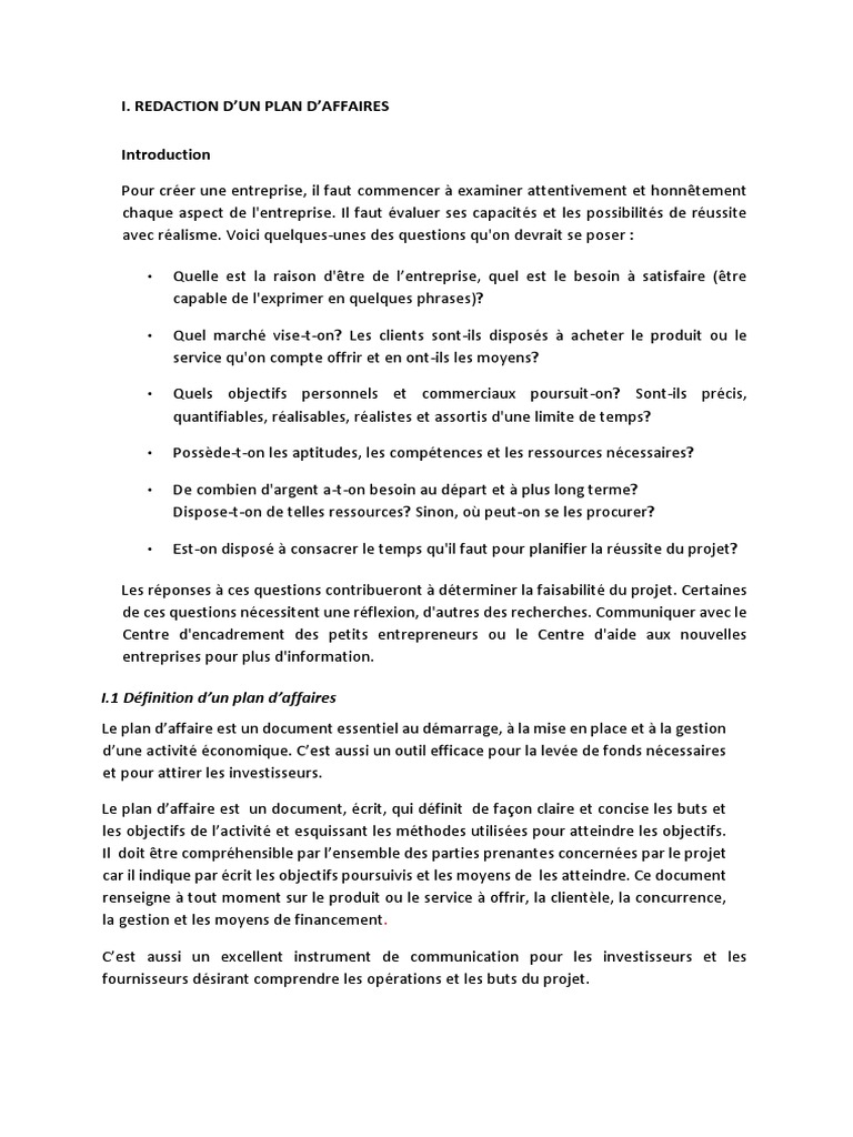 ENTREPRENEURIAT Plan D'affaire | PDF | Business | Plan d'affaires