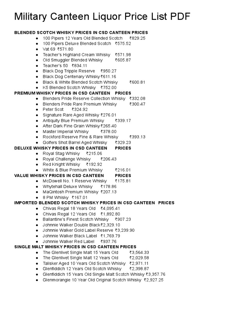 Army Canteen Liquor Price List 2023 | PDF